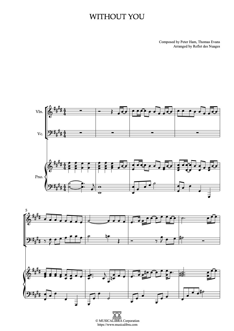 [TRIO SHEET MUSIC] Without You - Violin, Cello and Piano Chamber ...