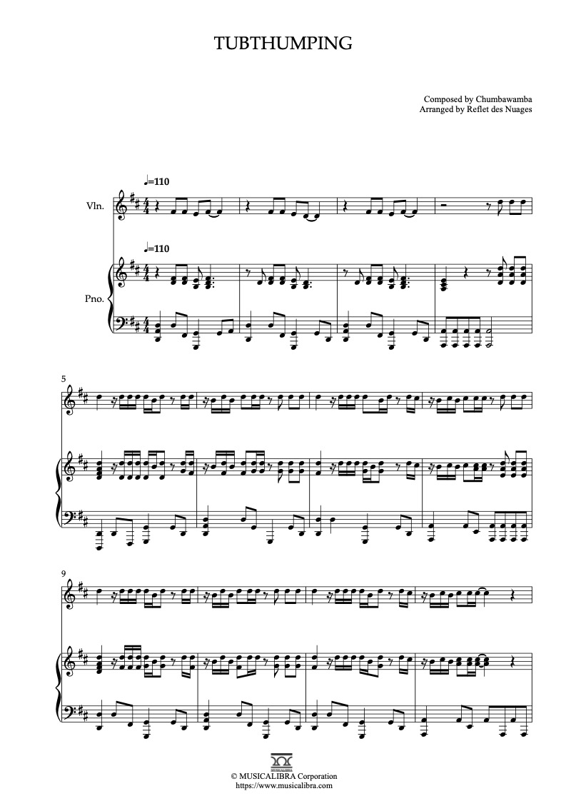 [DUET 악보] Tubthumping 편곡 악보 - 바이올린, 피아노 실내악 앙상블 : MUSICALIBRA KOREA