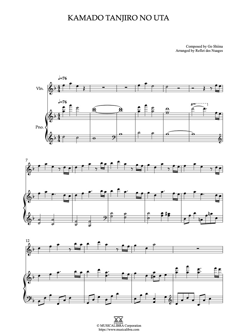 [DUET SHEET MUSIC] Kamado Tanjiro no Uta - Violin and Piano Chamber Ensemble : MUSICALIBRA