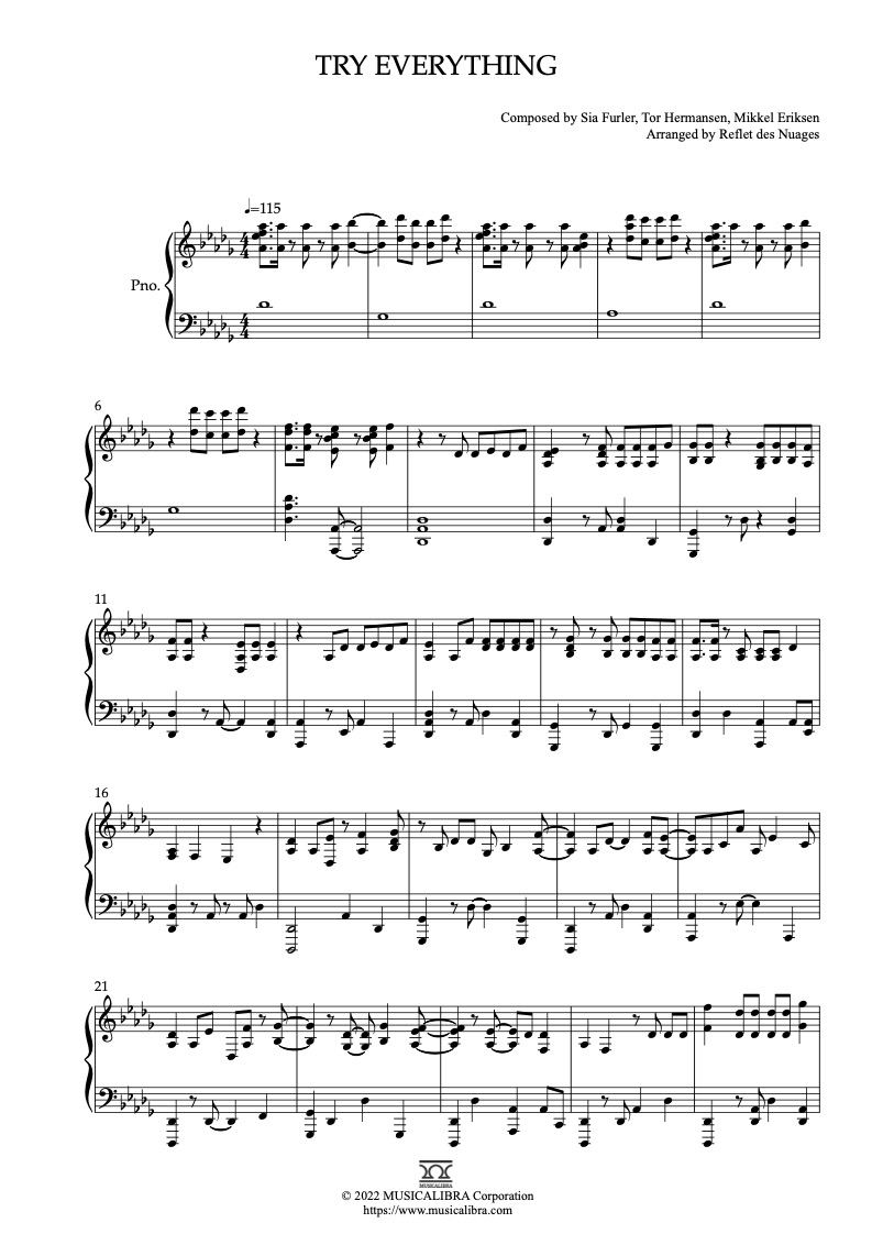[PIANO SOLO 악보] Try Everything 피아노 편곡 악보 : Musicalibra Korea