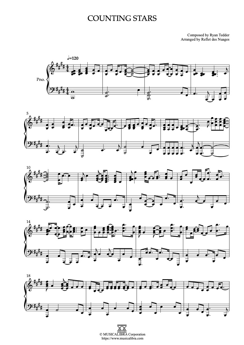[PIANO SOLO 악보] Counting Stars 피아노 편곡 악보 : MUSICALIBRA KOREA