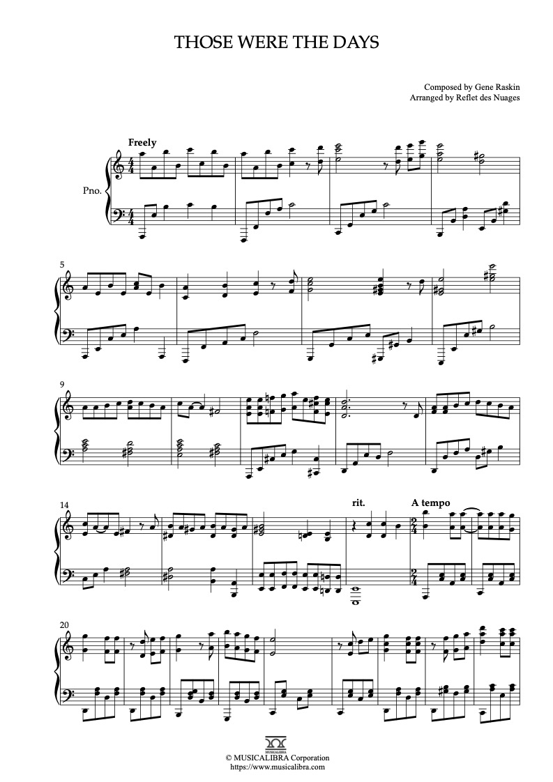 [PIANO SOLO 악보] Those Were the Days 피아노 편곡 악보 : MUSICALIBRA KOREA