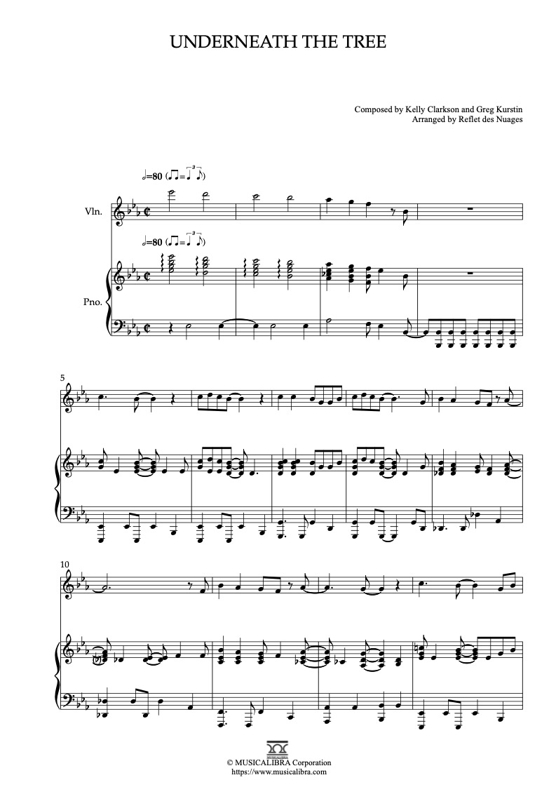[DUET 악보] Underneath the Tree 편곡 악보 - 바이올린, 피아노 실내악 앙상블 : Musicalibra Korea