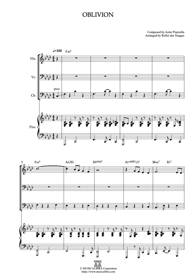 [QUARTET SHEET MUSIC] Oblivion - Violin, Cello, Contrabass and Piano Chamber Ensemble : MUSICALIBRA