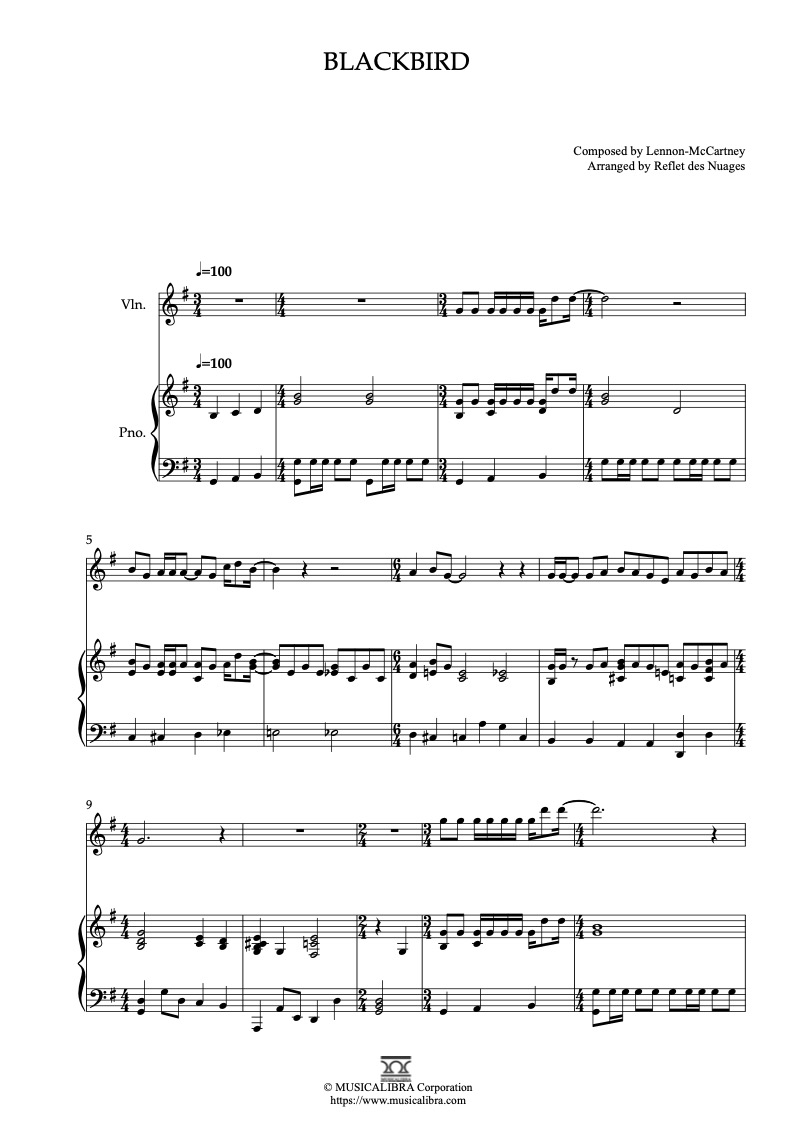 [DUET SHEET MUSIC] Blackbird - Violin and Piano Chamber Ensemble ...