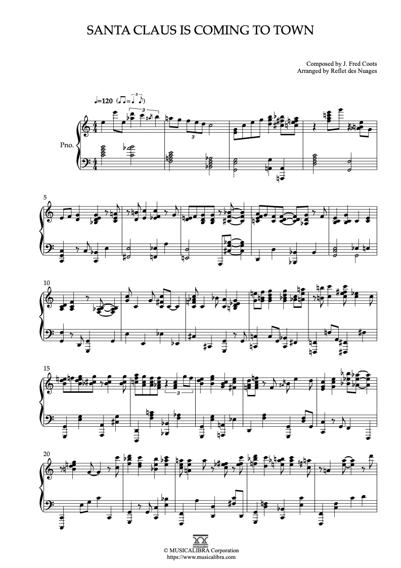 [PIANO SOLO 楽譜] Santa Claus Is Coming to Town ピアノ 編曲 楽譜 : Musicalibra Japan