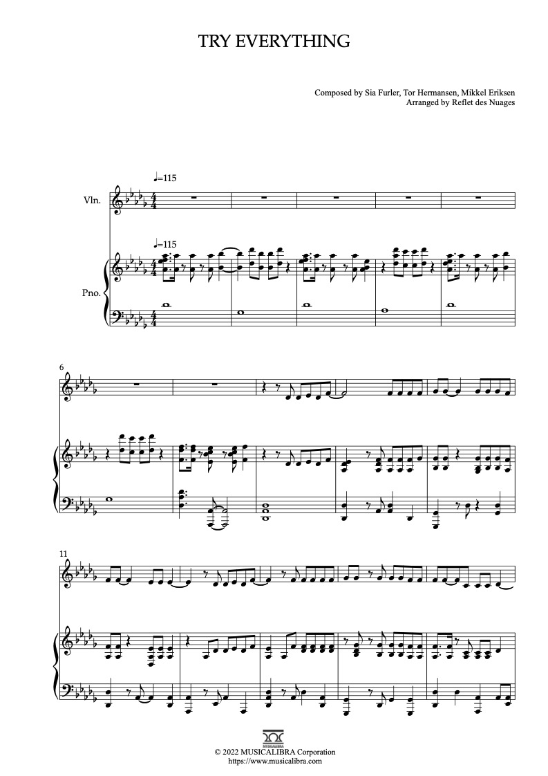 [DUET 楽譜] Try Everything - ヴァイオリン、ピアノデュエット 室内楽 アンサンブル : MUSICALIBRA JAPAN