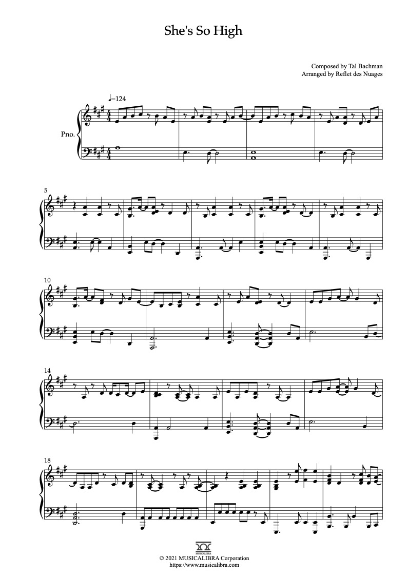 [PIANO SOLO 악보] She's So High 피아노 편곡 악보 : MUSICALIBRA KOREA