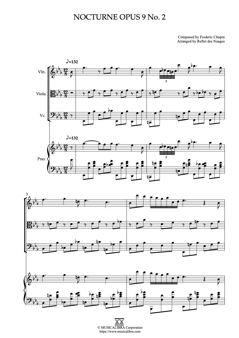 [QUARTET SHEET MUSIC] Nocturne Opus 9 No.2 - Violin, Viola, Cello and ...
