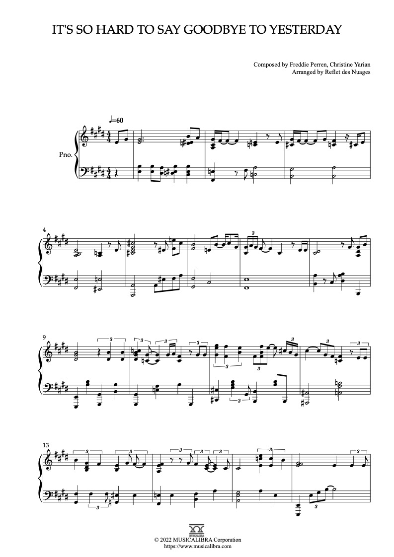 [PIANO SOLO 악보] It's So Hard to Say Goodbye to Yesterday 피아노 편곡 악보 ...