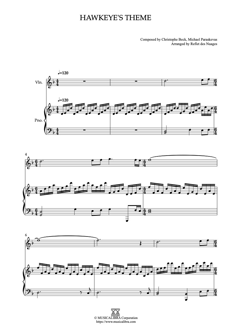 [DUET SHEET MUSIC] Hawkeye's Theme - Violin and Piano Chamber Ensemble ...