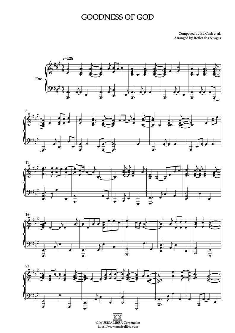 [PIANO SOLO 악보] Goodness of God 피아노 편곡 악보 : Musicalibra Korea