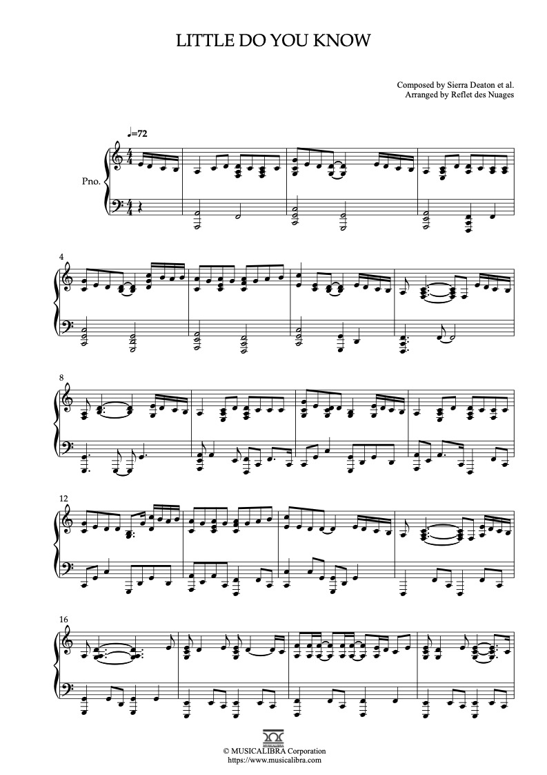 [PIANO SOLO 악보] Little Do You Know 피아노 편곡 악보 : Musicalibra Korea