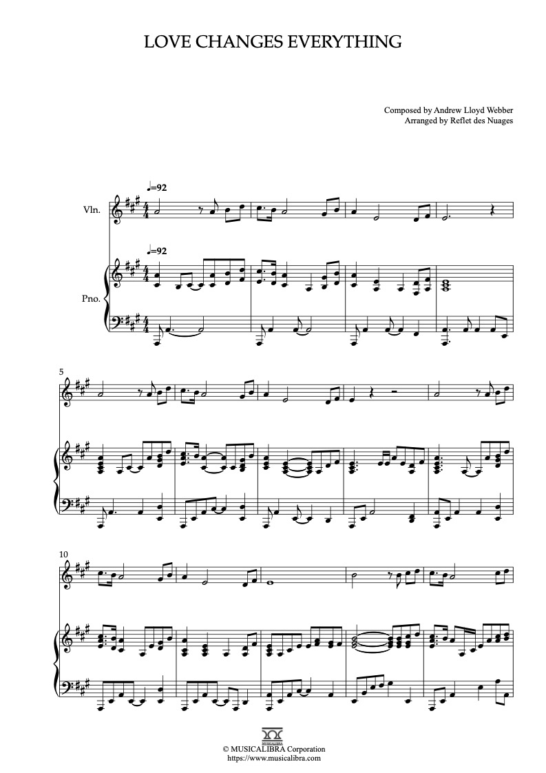 [DUET SHEET MUSIC] Love Changes Everything - Violin and Piano Chamber Ensemble : MUSICALIBRA