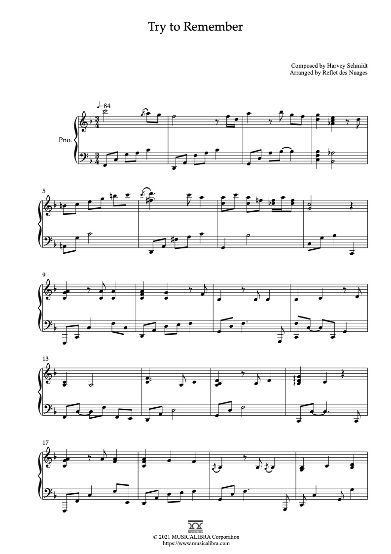 [PIANO SOLO 楽譜] Try to Remember ピアノ 編曲 楽譜 : MUSICALIBRA JAPAN