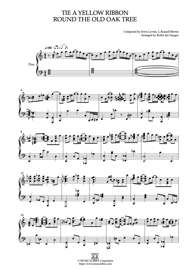 [PIANO SOLO SHEET MUSIC] Tie a Yellow Ribbon Round the Old Oak Tree ...