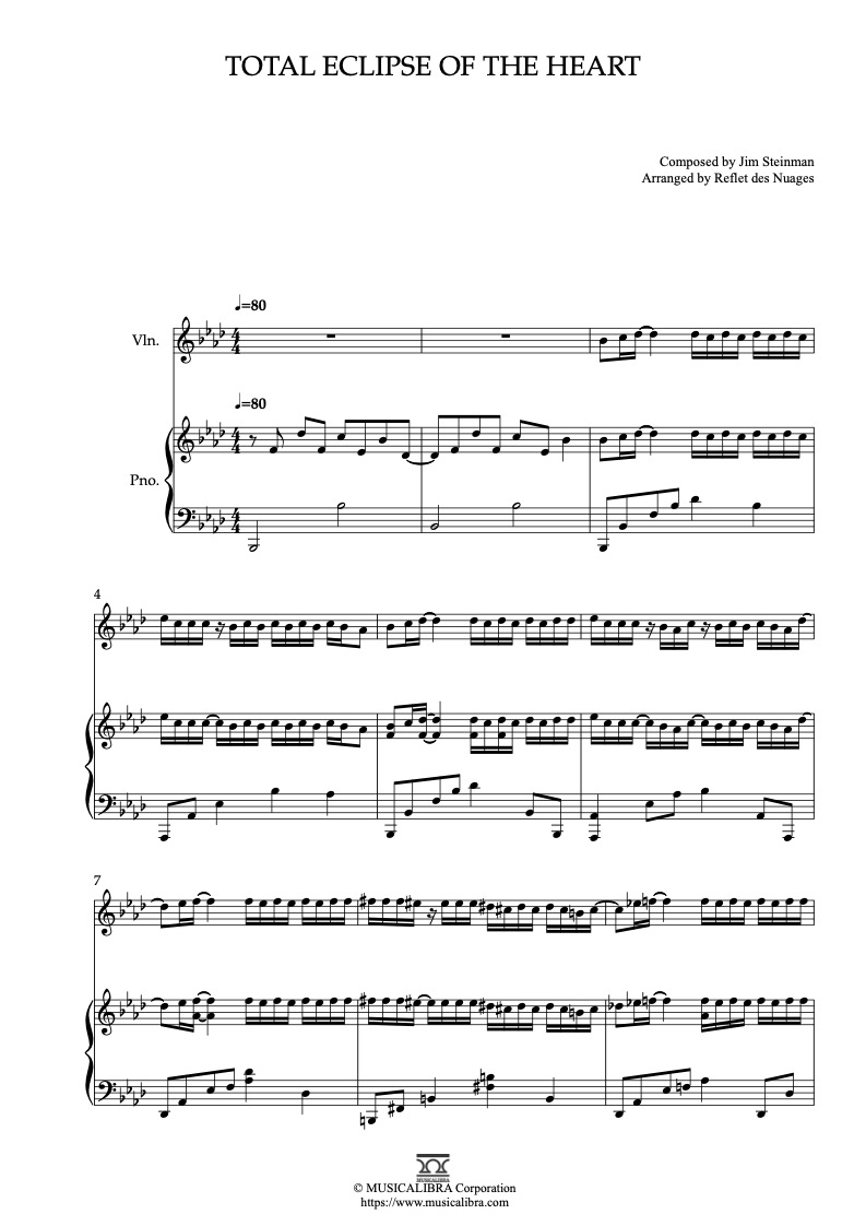 [DUET SHEET MUSIC] Total Eclipse of the Heart - Violin and Piano Chamber Ensemble : MUSICALIBRA