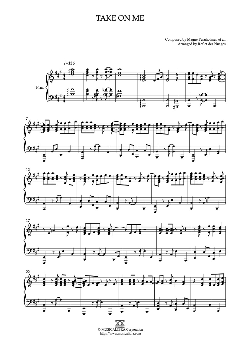 [PIANO SOLO 악보] Take On Me 피아노 편곡 악보 : Musicalibra Korea