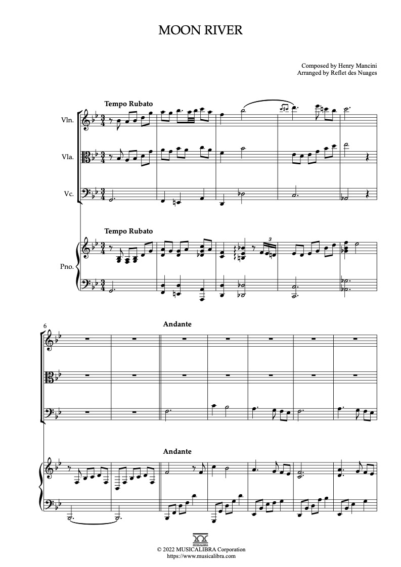 [QUARTET SHEET MUSIC] Moon River - Violin, Viola, Cello and Piano ...
