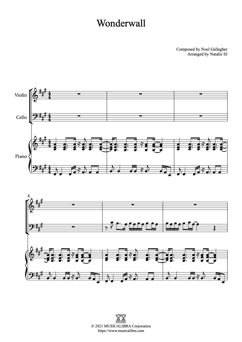 [TRIO SHEET MUSIC] Wonderwall - Violin, Cello and Piano Chamber ...