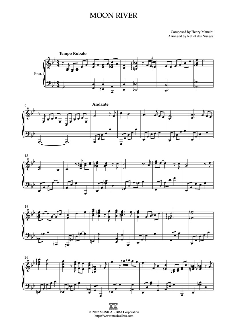 [PIANO SOLO 楽譜] Moon River ピアノ 編曲 楽譜 : MUSICALIBRA JAPAN