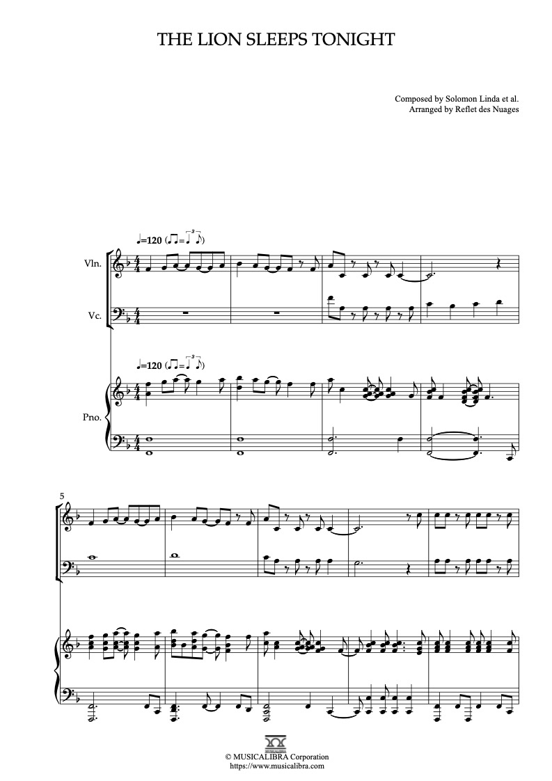 [TRIO SHEET MUSIC] The Lion Sleeps Tonight - Violin, Cello and Piano ...