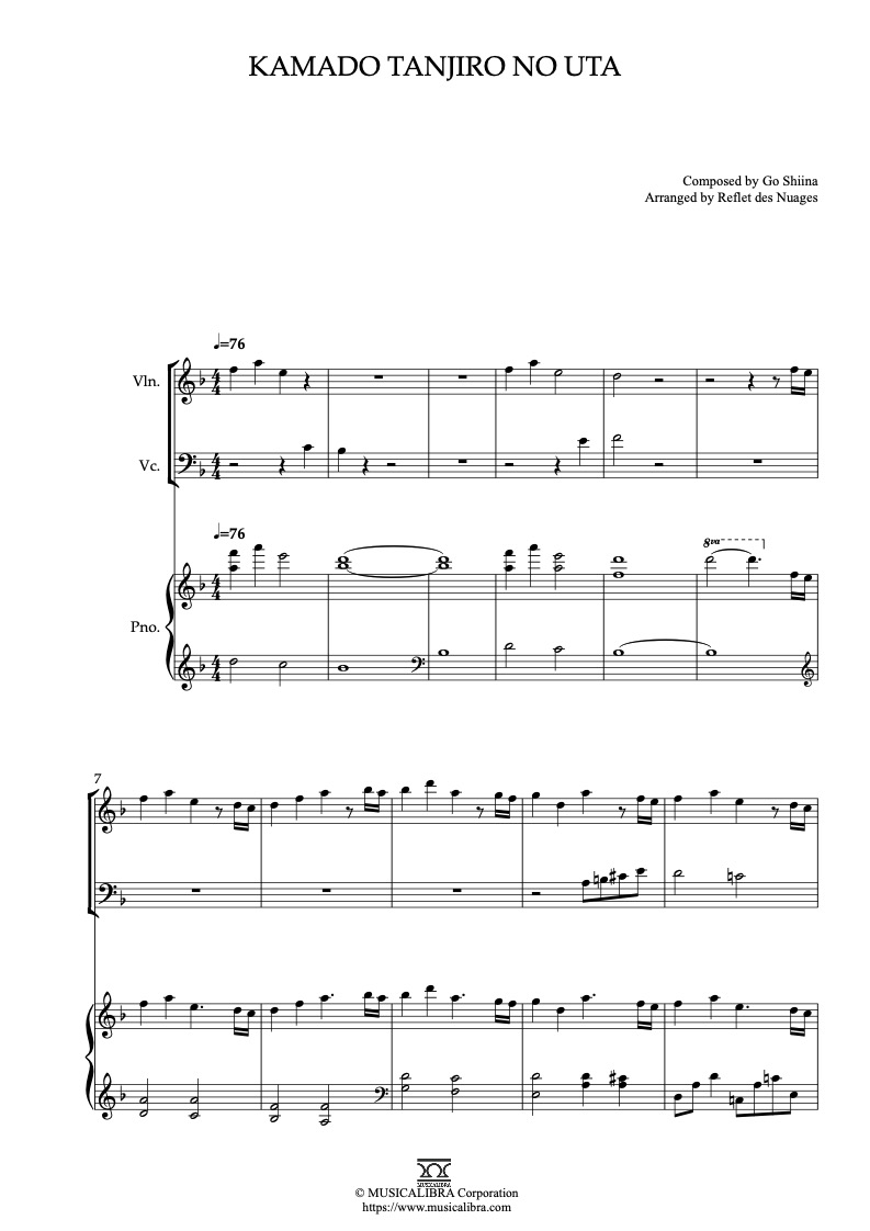 [TRIO SHEET MUSIC] Kamado Tanjiro no Uta - Violin, Cello and Piano ...