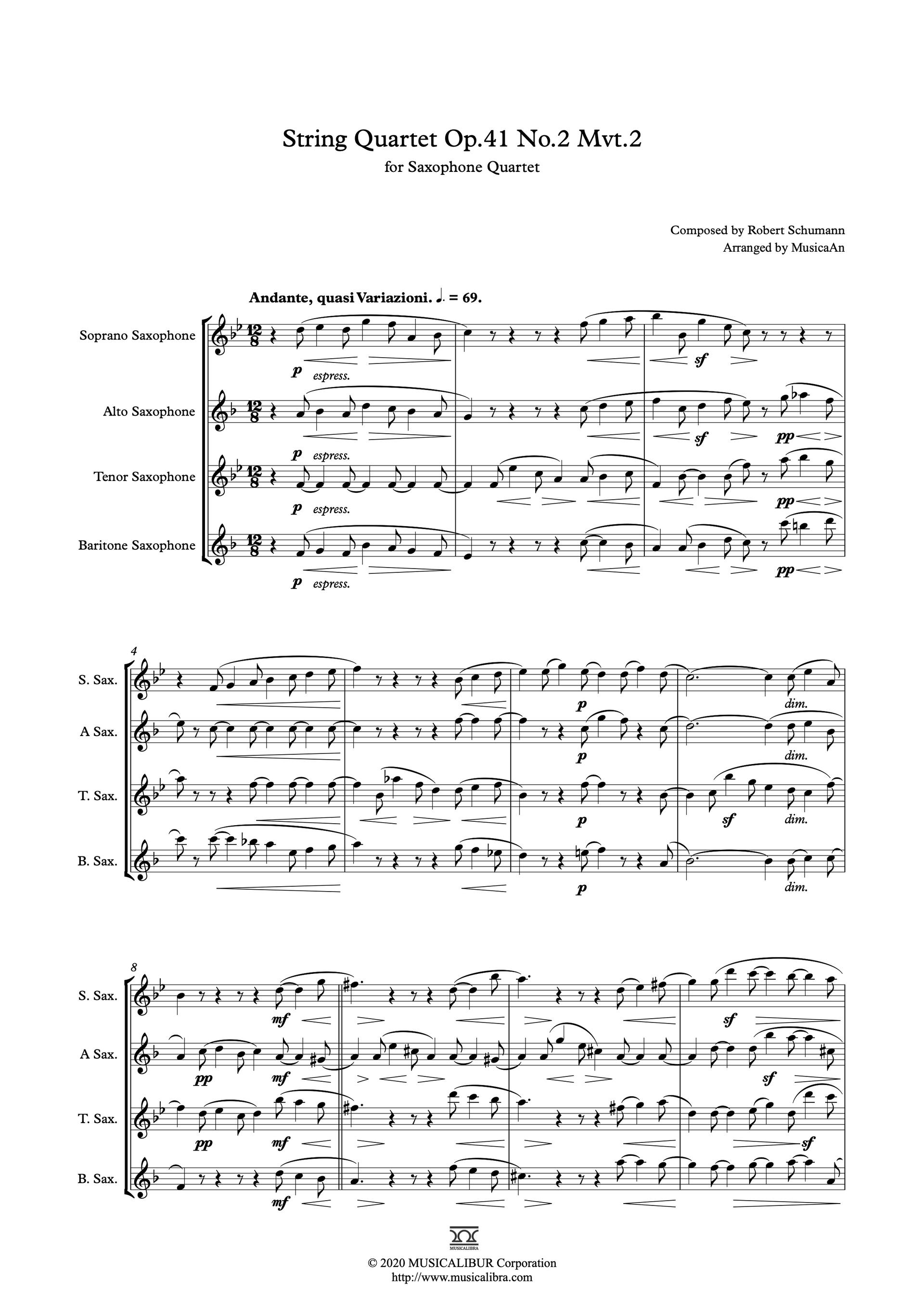 [QUARTET SHEET MUSIC] Schumann String Quartet No. 2, Op. 41, 2nd Movement for Saxophone ...