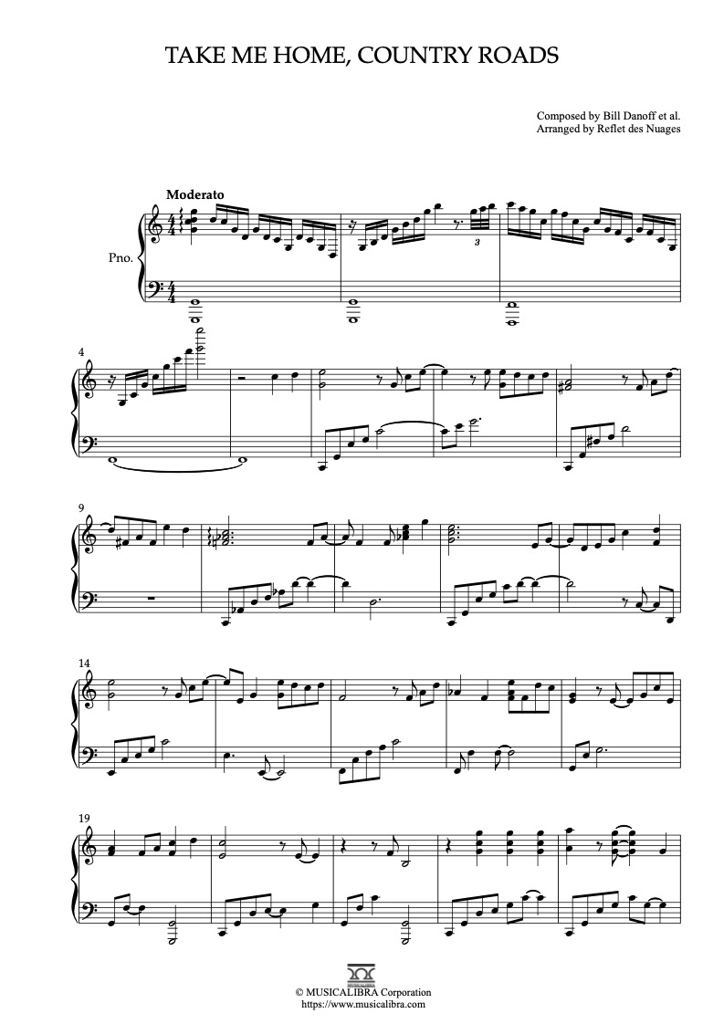 [PIANO SOLO 楽譜] Take Me Home, Country Roads ピアノ 編曲 楽譜 : Musicalibra Japan