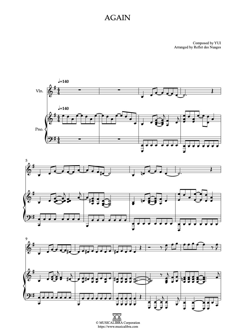 [DUET SHEET MUSIC] Again(YUI) - Violin and Piano Chamber Ensemble ...