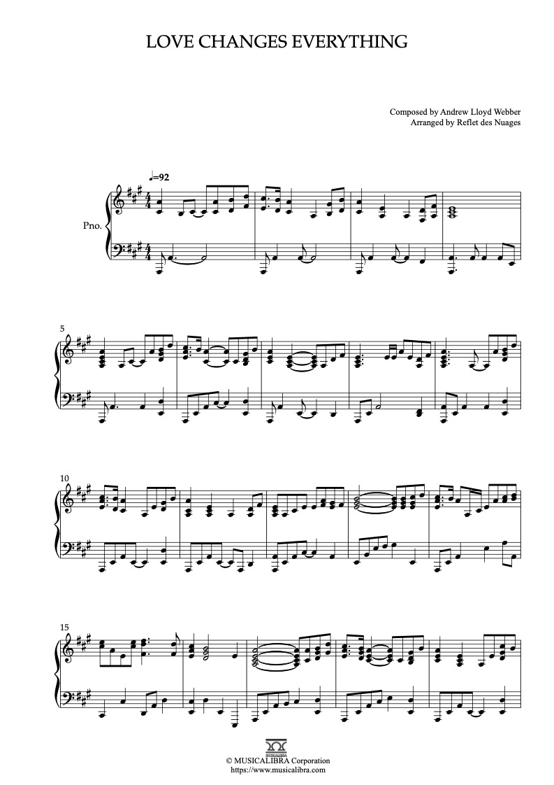 [PIANO SOLO 악보] Love Changes Everything 피아노 편곡 악보 : Musicalibra