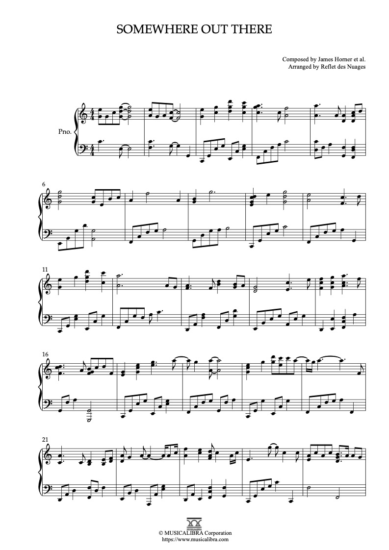 [PIANO SOLO 악보] Somewhere Out There 피아노 편곡 악보 : Musicalibra Korea