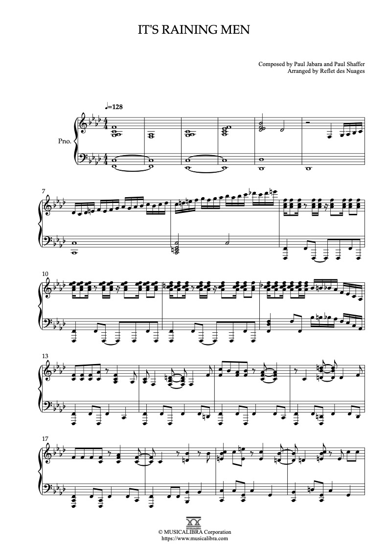 [PIANO SOLO 악보] It's Raining Men 피아노 편곡 악보 : Musicalibra Korea