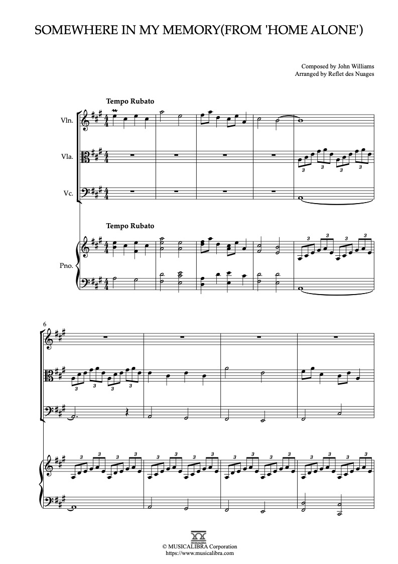 [QUARTET SHEET MUSIC] Somewhere in My Memory - Violin, Viola, Cello and Piano Chamber Ensemble ...