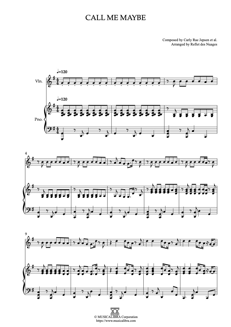[DUET SHEET MUSIC] Call Me Maybe - Violin and Piano Chamber Ensemble ...