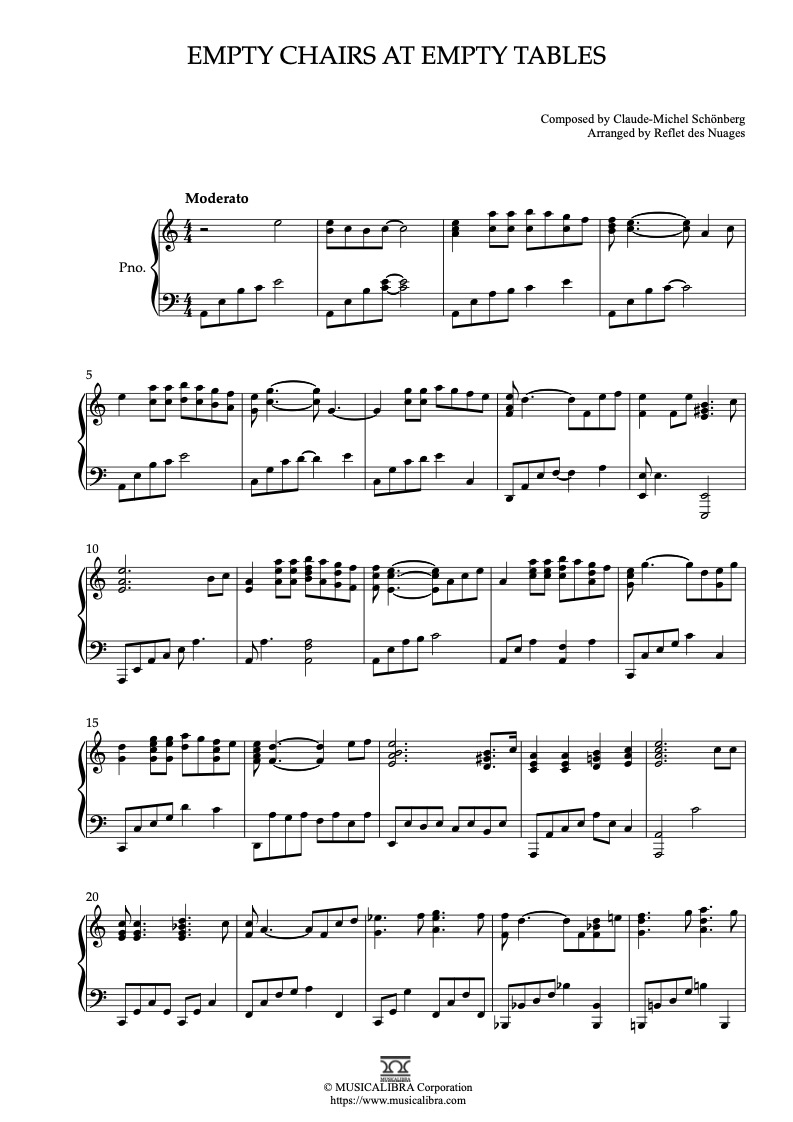 [PIANO SOLO SHEET MUSIC] Empty Chairs at Empty Tables : MUSICALIBRA