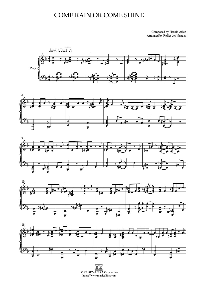 [PIANO SOLO 악보] Come Rain or Come Shine 피아노 편곡 악보 : Musicalibra Korea