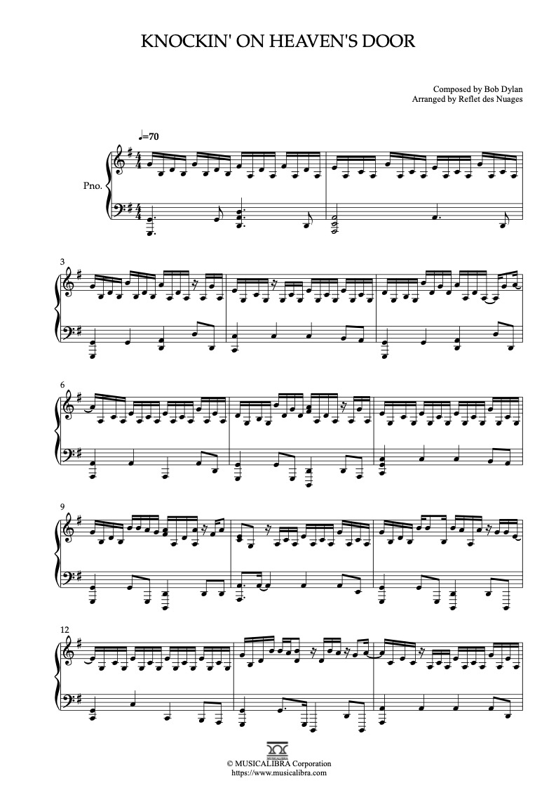 [PIANO SOLO SHEET MUSIC] Knockin' on Heaven's Door : Musicalibra
