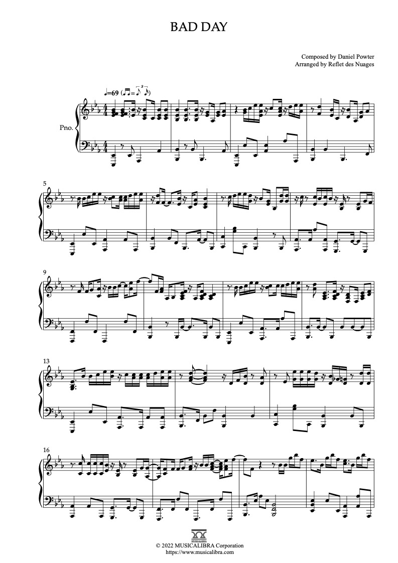 [PIANO SOLO 악보] Bad Day 피아노 편곡 악보 : MUSICALIBRA KOREA