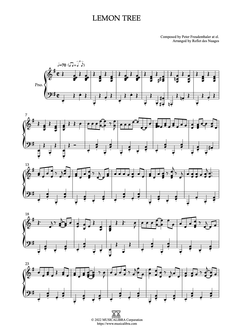 [PIANO SOLO 楽譜] Lemon Tree ピアノ 編曲 楽譜 : Musicalibra Japan
