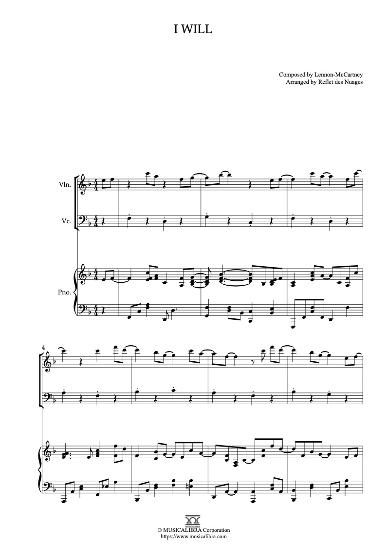 [TRIO SHEET MUSIC] I Will(The Beatles) - Violin, Cello and Piano ...