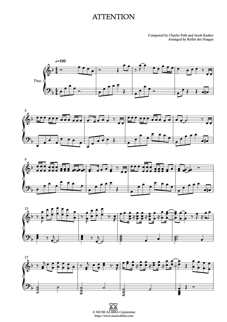 [PIANO SOLO SHEET MUSIC] Attention(Charlie Puth) : Musicalibra