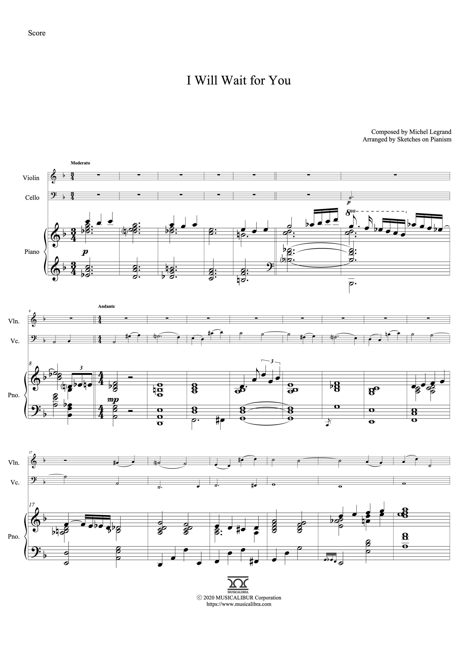 [TRIO SHEET MUSIC] I Will Wait for You - Violin, Cello and Piano ...