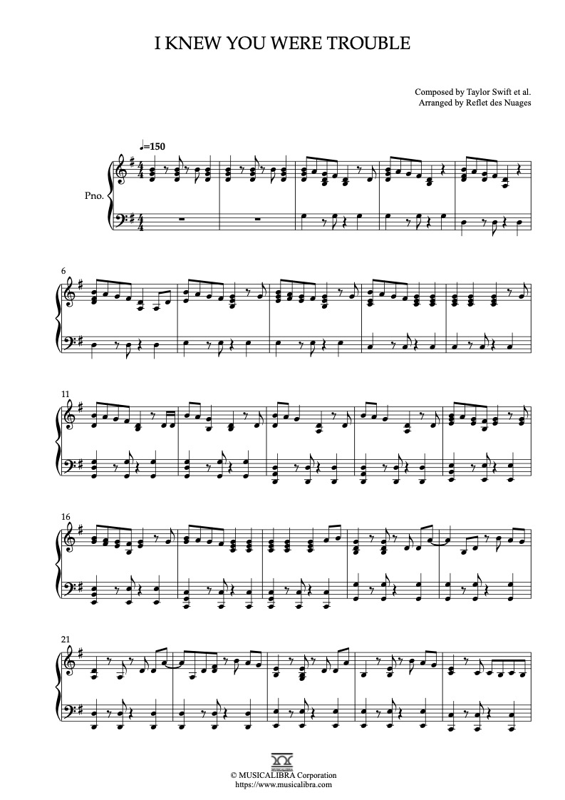 [PIANO SOLO SHEET MUSIC] I Knew You Were Trouble : MUSICALIBRA