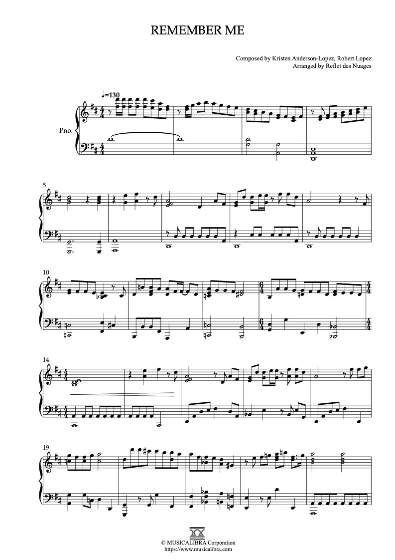 [PIANO SOLO 楽譜] Remember Me ピアノ 編曲 楽譜 : Musicalibra Japan
