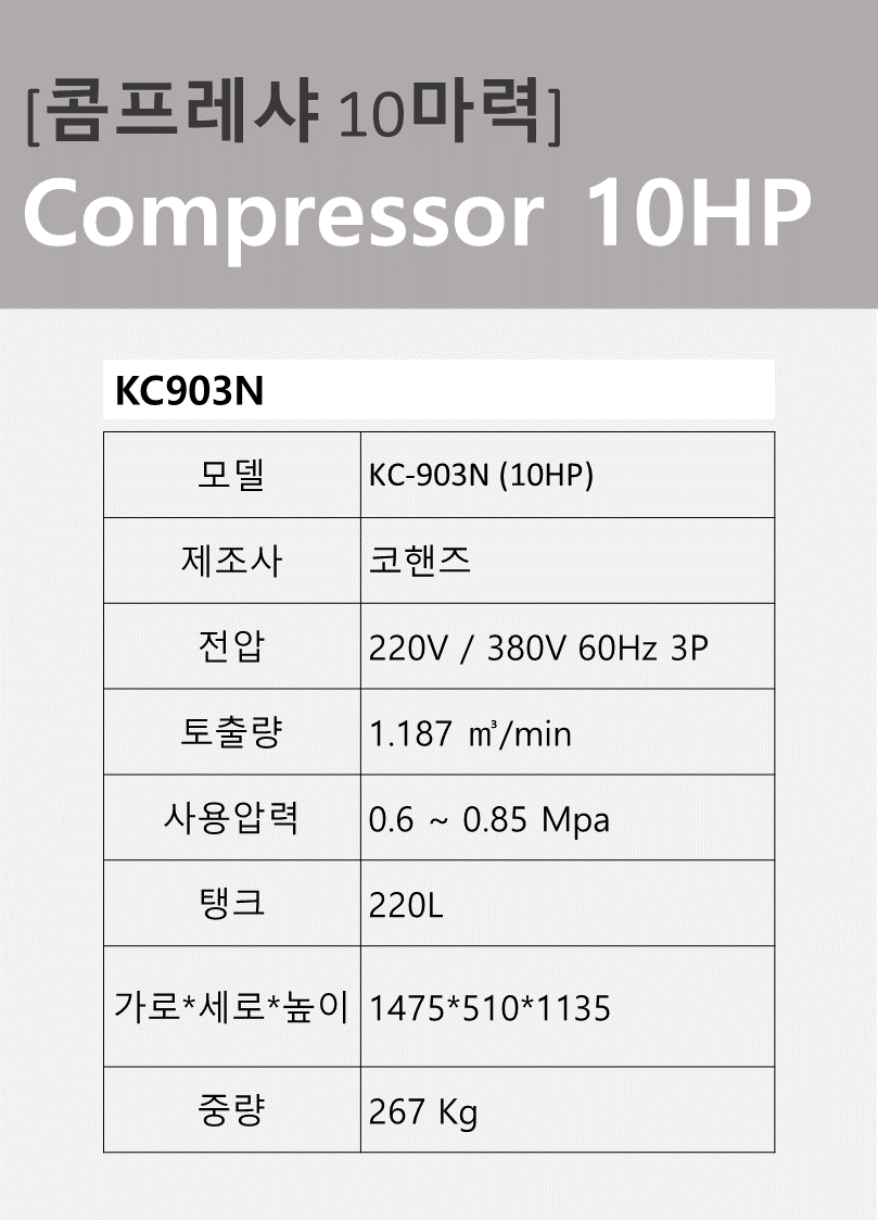 산업용콤프레샤10마력, KC-903N, 코핸즈,10마력, SCT-10, 드라이어, air-dryer, 고온 일체형 드라이어