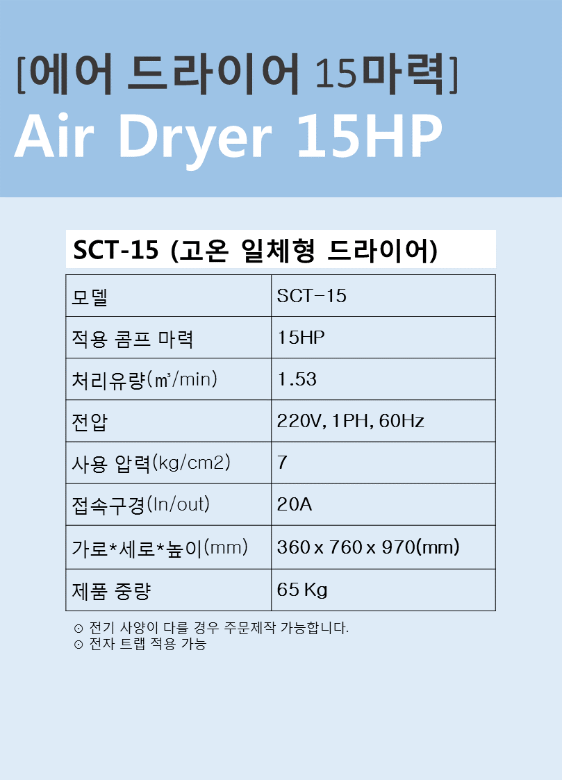 산업용콤프레샤15마력, KC-904N, 코핸즈,15마력, SCT-15, 드라이어, air-dryer, 고온 일체형 드라이어
