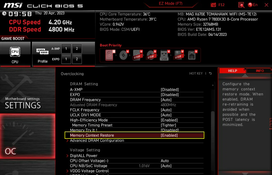 AMD PC의 부팅 속도를 빠르게하는 Memory Context Restore 설정 방법 : PC 조립 방법과 설정 방법