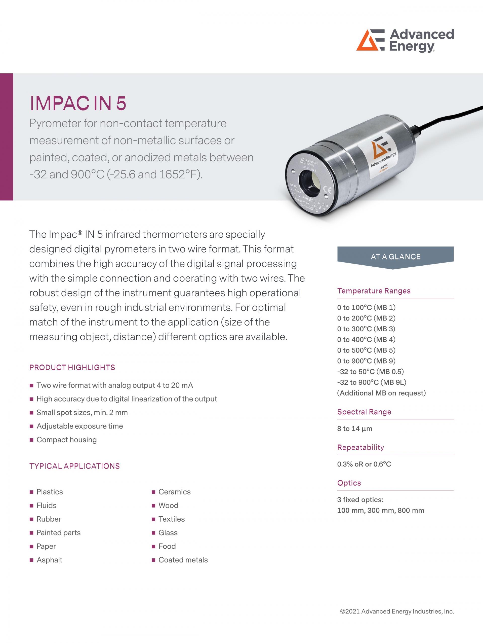 ADVANCED ENERGY IN5 고온계 : 지니어스인더스트리 - 대한민국 No.1 산업장비 공급채널