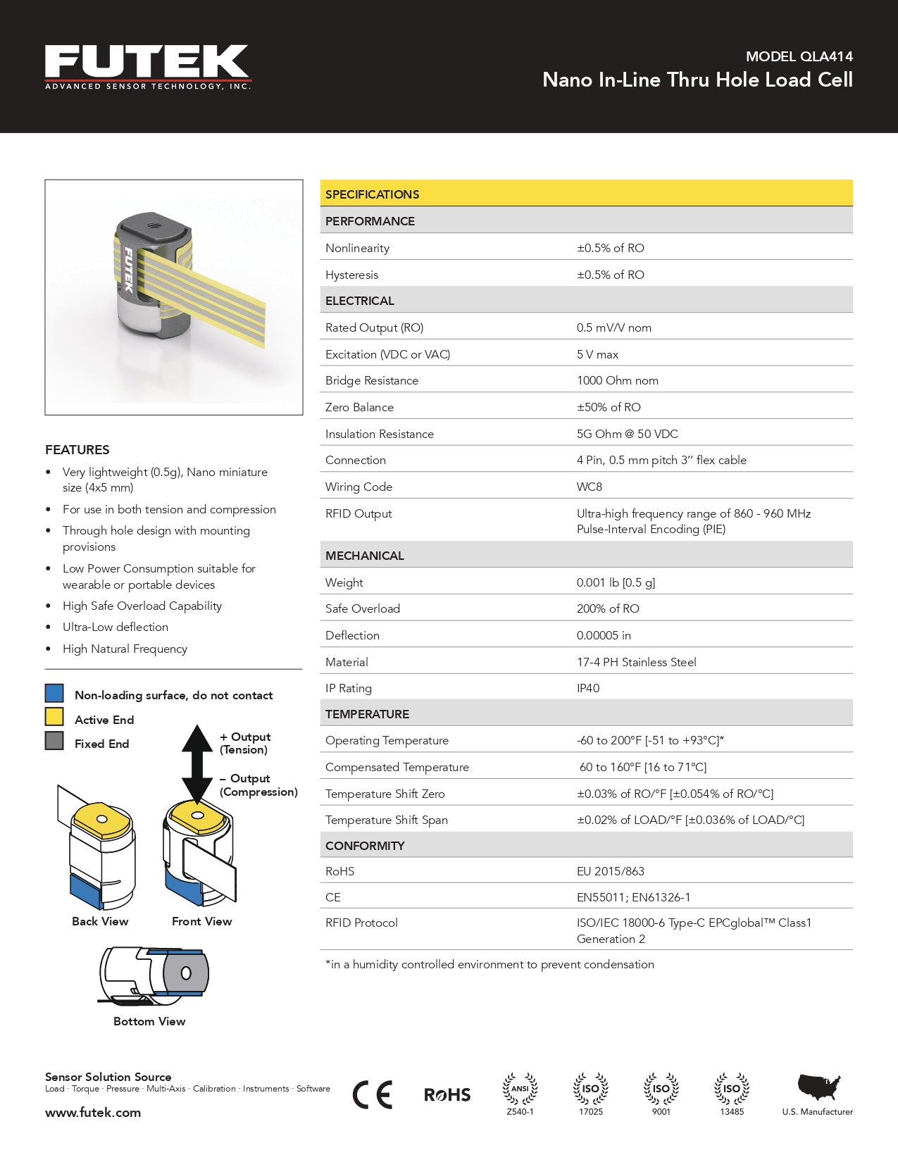 FUTEK QLA414 Nano Force Sensor : 지니어스인더스트리 - 대한민국 No.1 산업장비 공급채널